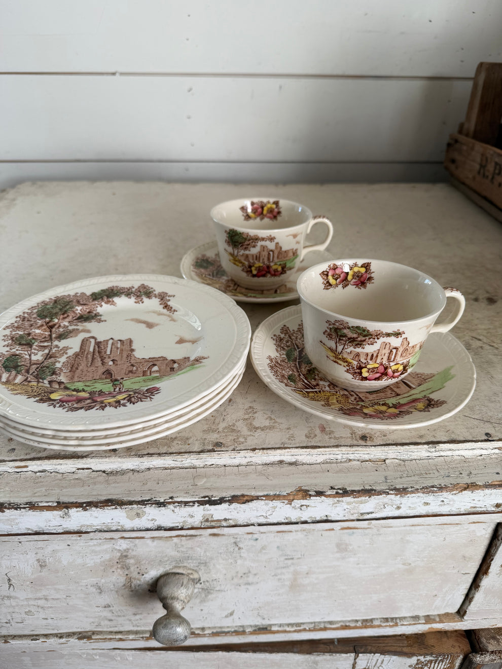Vintage Royal Tudor Ware Olde Abbey Teacup & Saucer & small plates sol ...