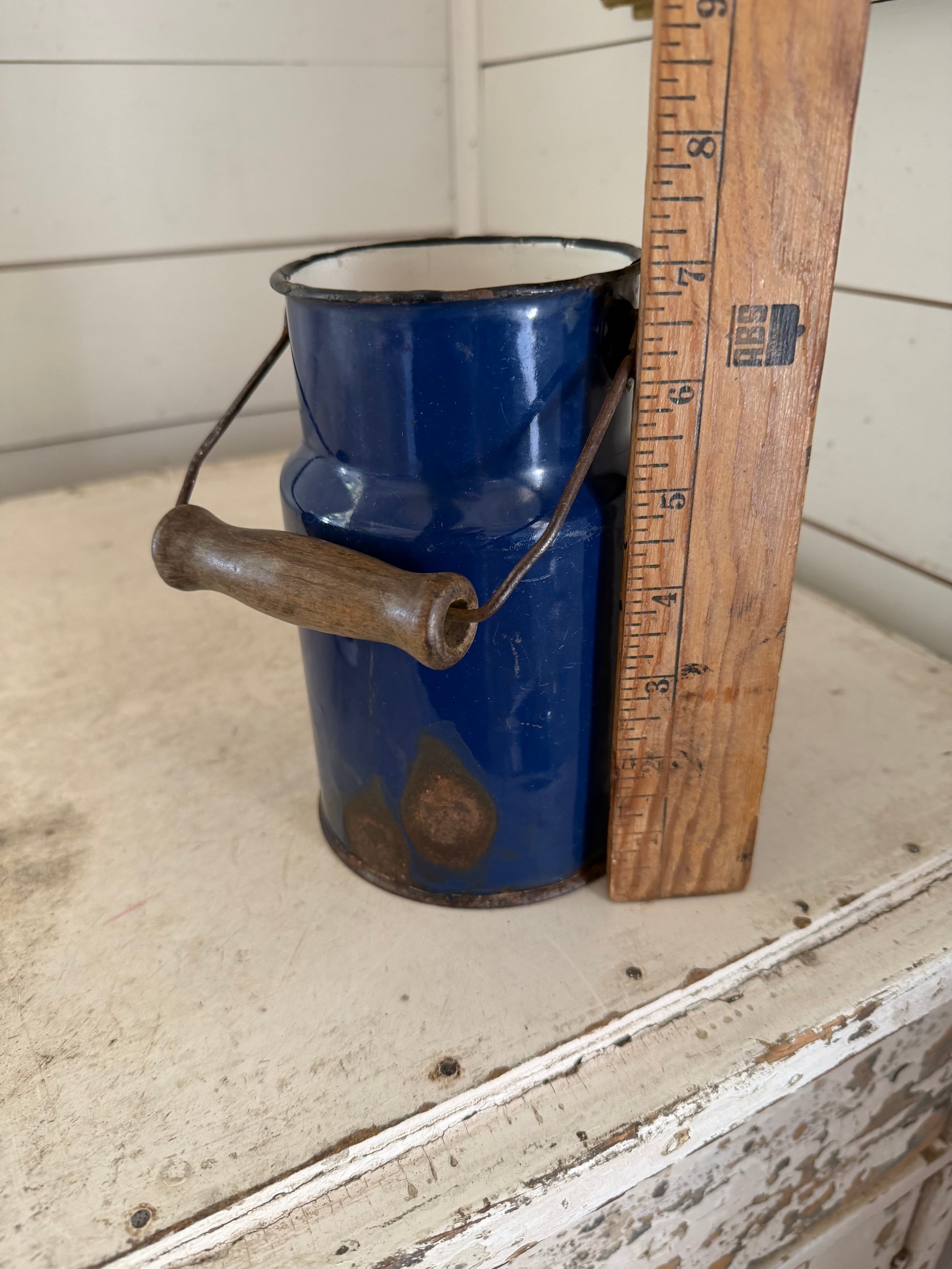 Antique Enameled Blue Bucket, Wooden Handle, 1910s Decor – Jami Ray Vintage