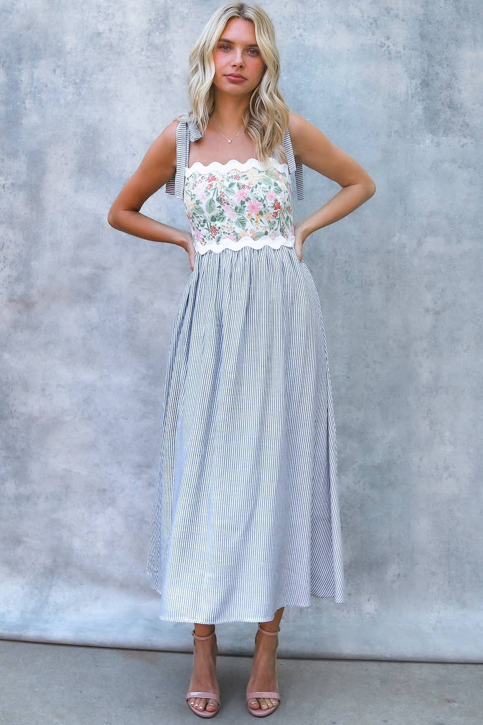 Strap Shoulder Ric Rac Floral Stripe Midi Dress – Jami Ray Vintage