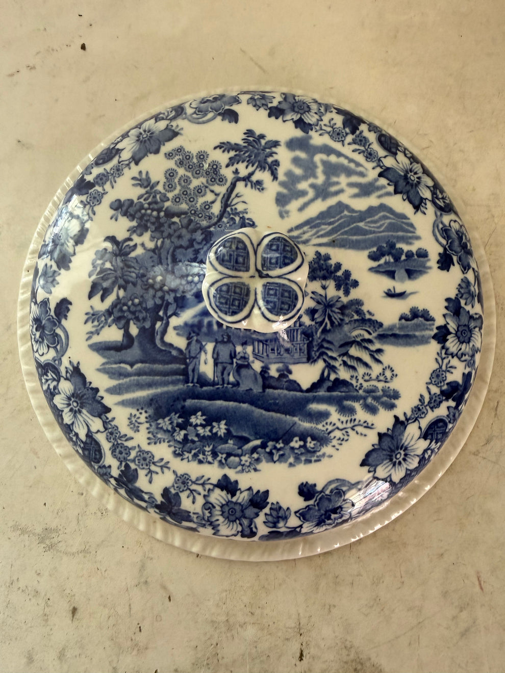 Blue and white Transferware lid featuring a Chinoiserie-style design ...