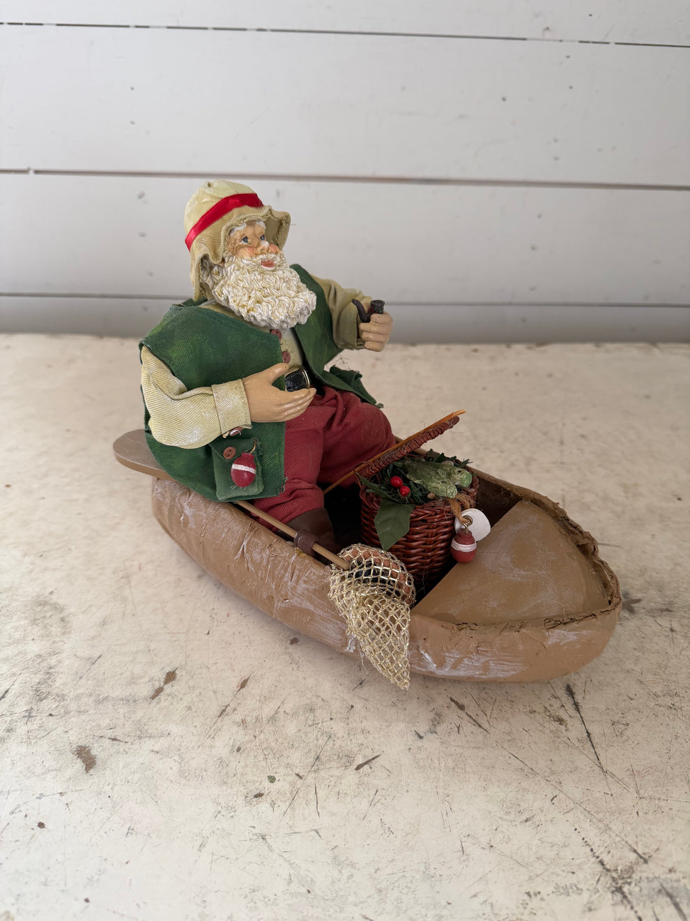 Fishing Fisherman Paper Mache Santa Figure Creel IN BOAT FISH Folk Art ...
