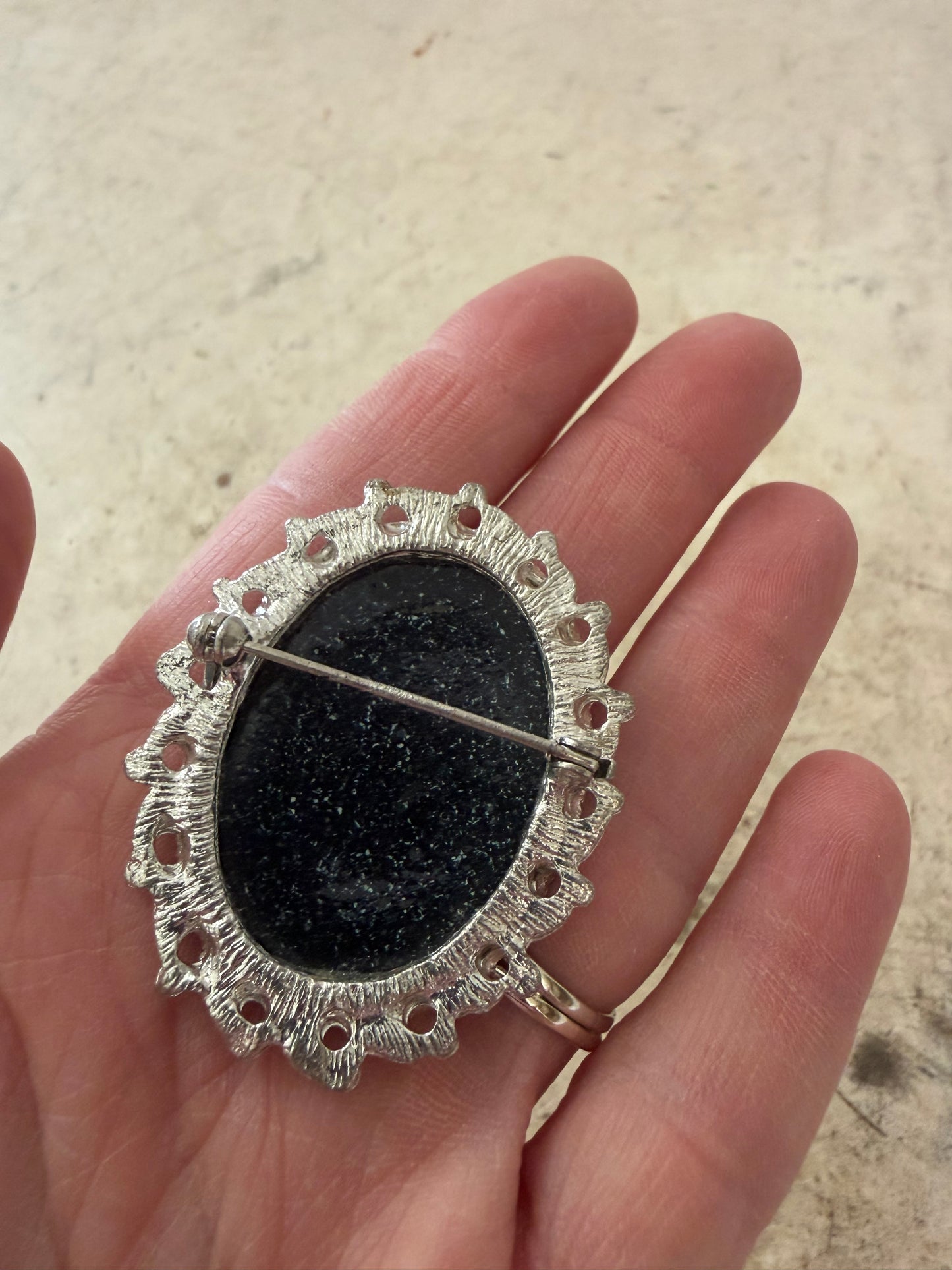 Vintage silver tone brooch with a green resin centre, unusual design ...